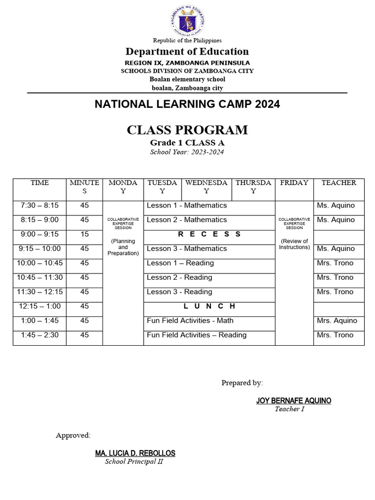 Gr.1-NLC-Class Program | PDF | Teachers | Learning