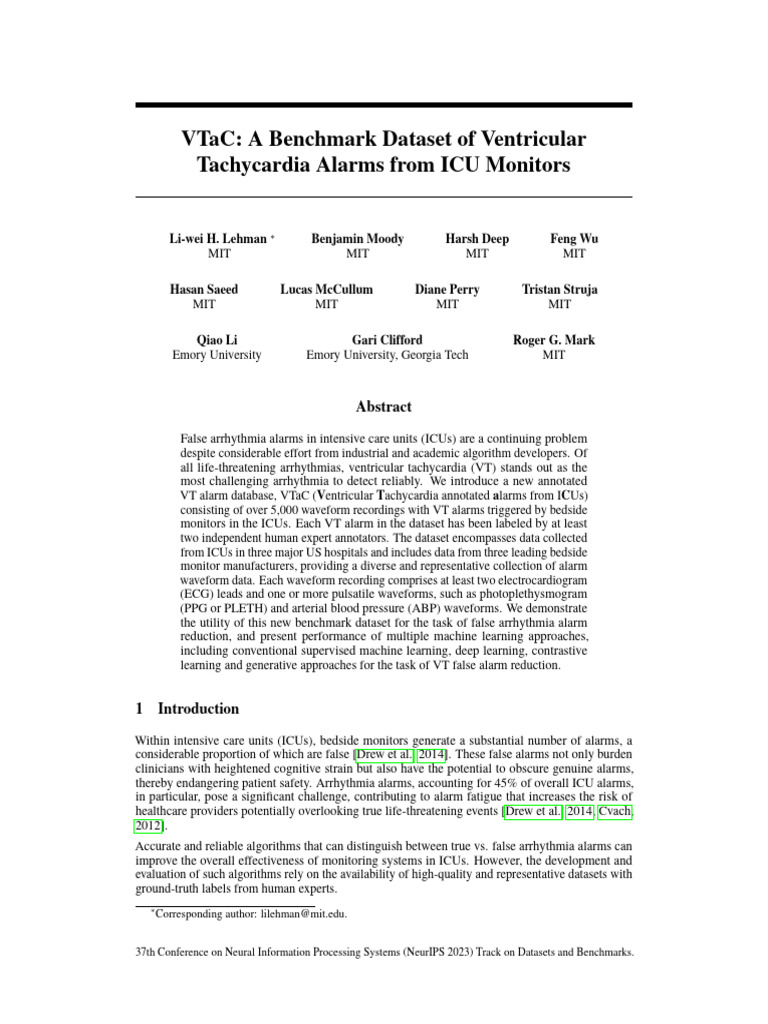 NeurIPS 2023 Vtac A Benchmark Dataset of Ventricular Tachycardia Alarms ...
