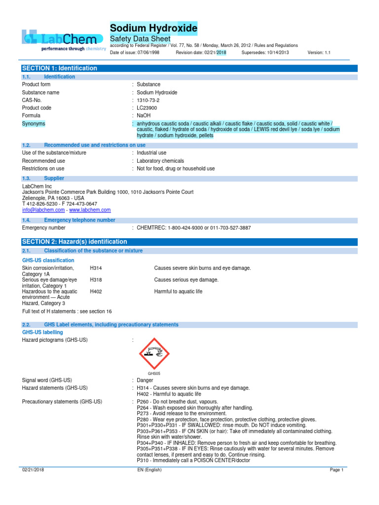Sodium Hydroxide Safety Data Sheet | PDF | Sodium Hydroxide | Firefighting