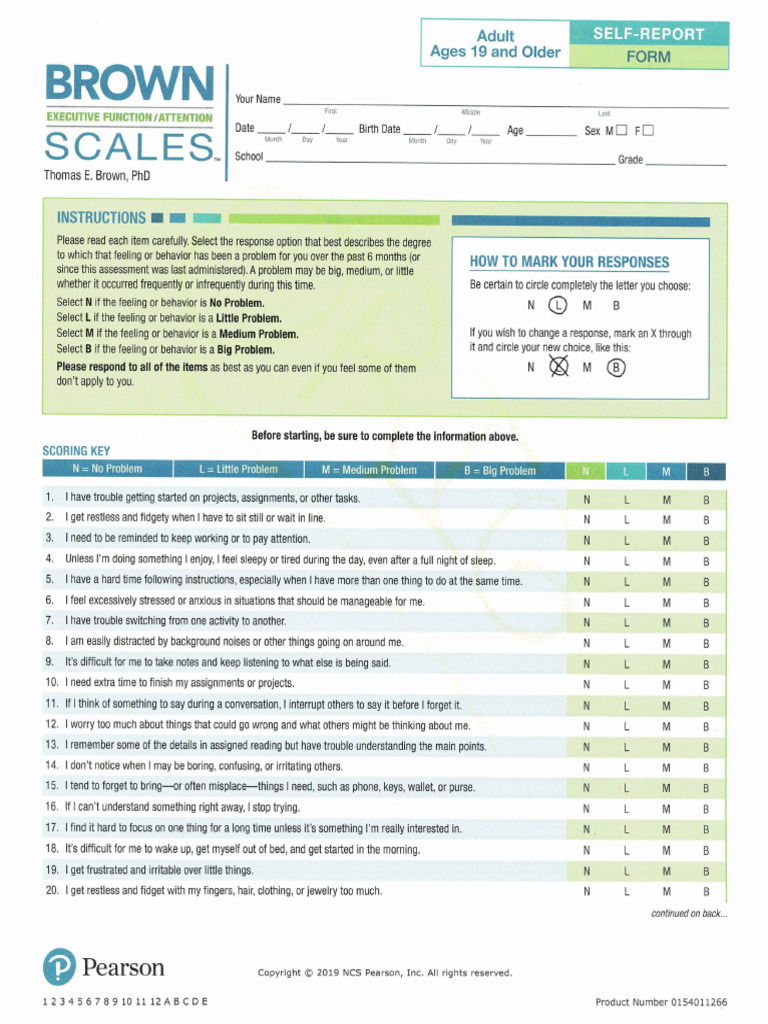 Brown Adhd Scales Adult 19 and Over | PDF