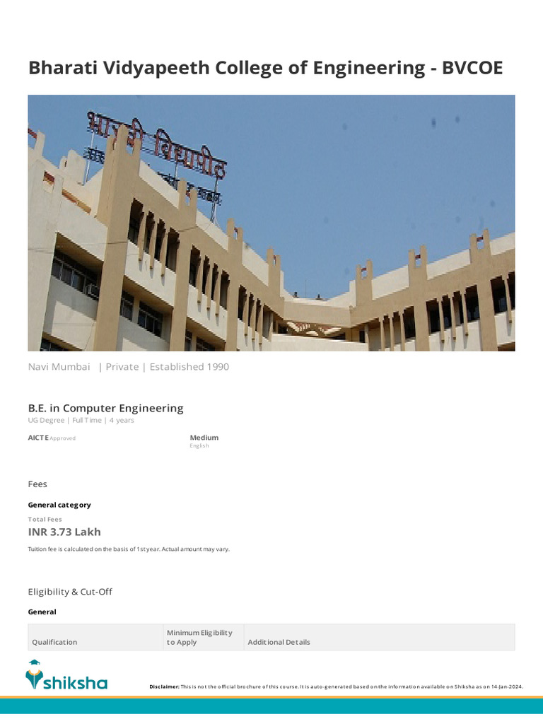 BVCOE Navi Mumbai: B.E. Admissions | PDF