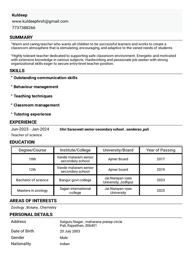 Resume Teacher Format1 | PDF