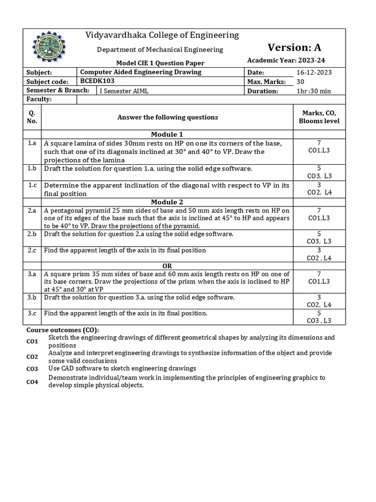 BCEDK103 Model Paper CIE1 | PDF | Engineering | Computing