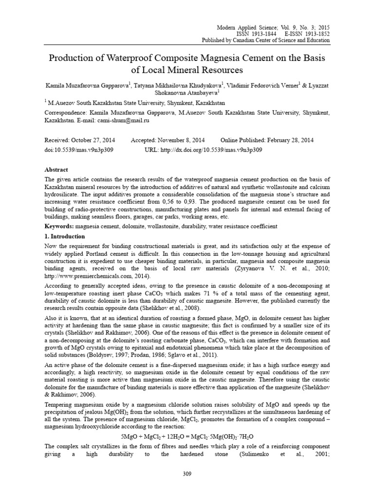 Production of Waterproof Composite Magnesia Cement On The Basis of ...