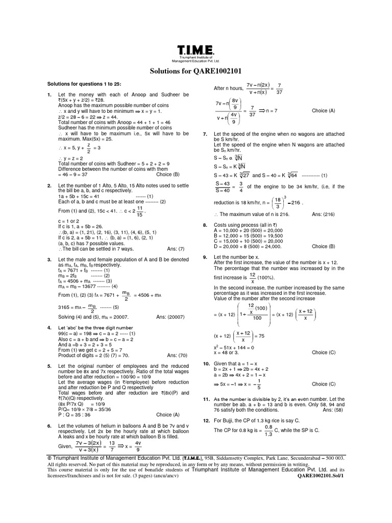 QUANTITATIVE ABILITY REVISION EXERCISE - Sol | PDF