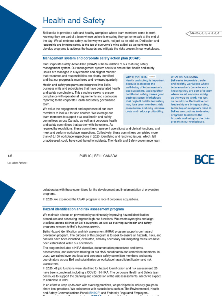 Bell Canada's Health and Safety Programs | PDF | Occupational Safety ...