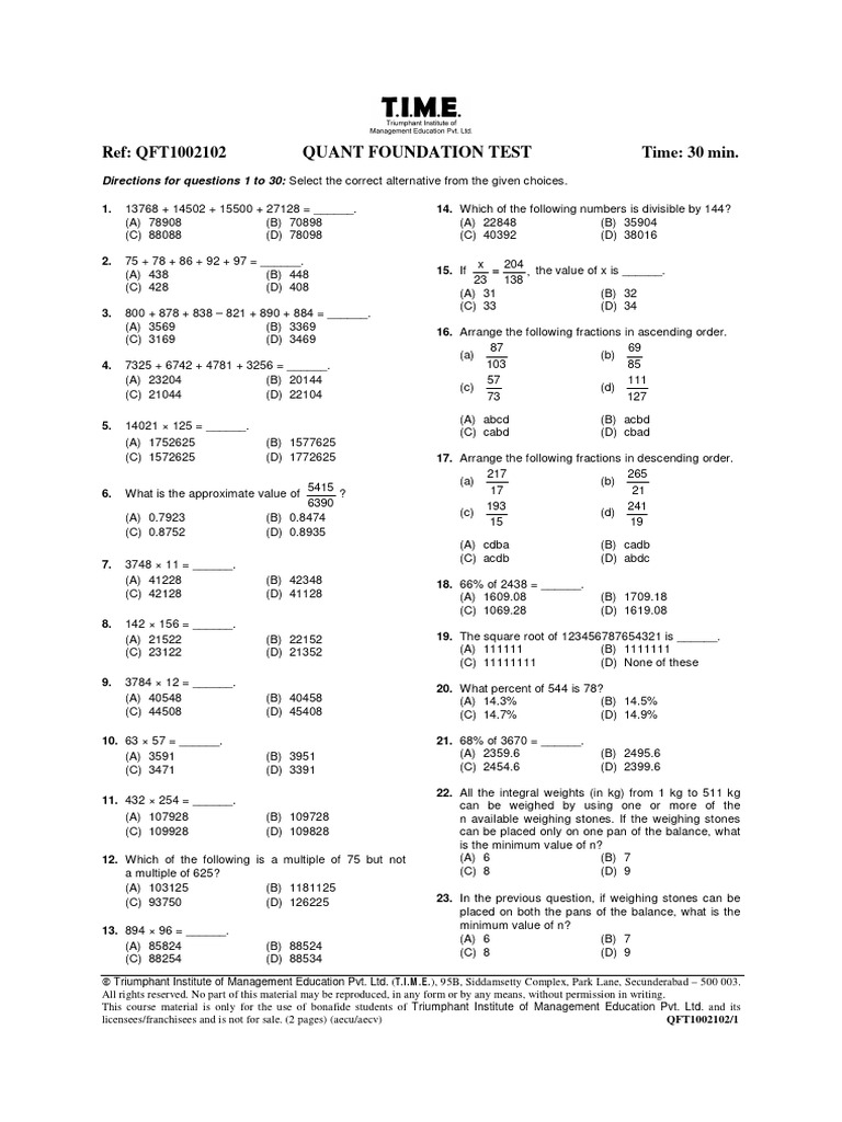 QUANT FOUNDATION TEST PART 2 | PDF | Mathematics | Numbers QUANT FOUNDATION TEST PART 2 | PDF | Mathematics | Numbers