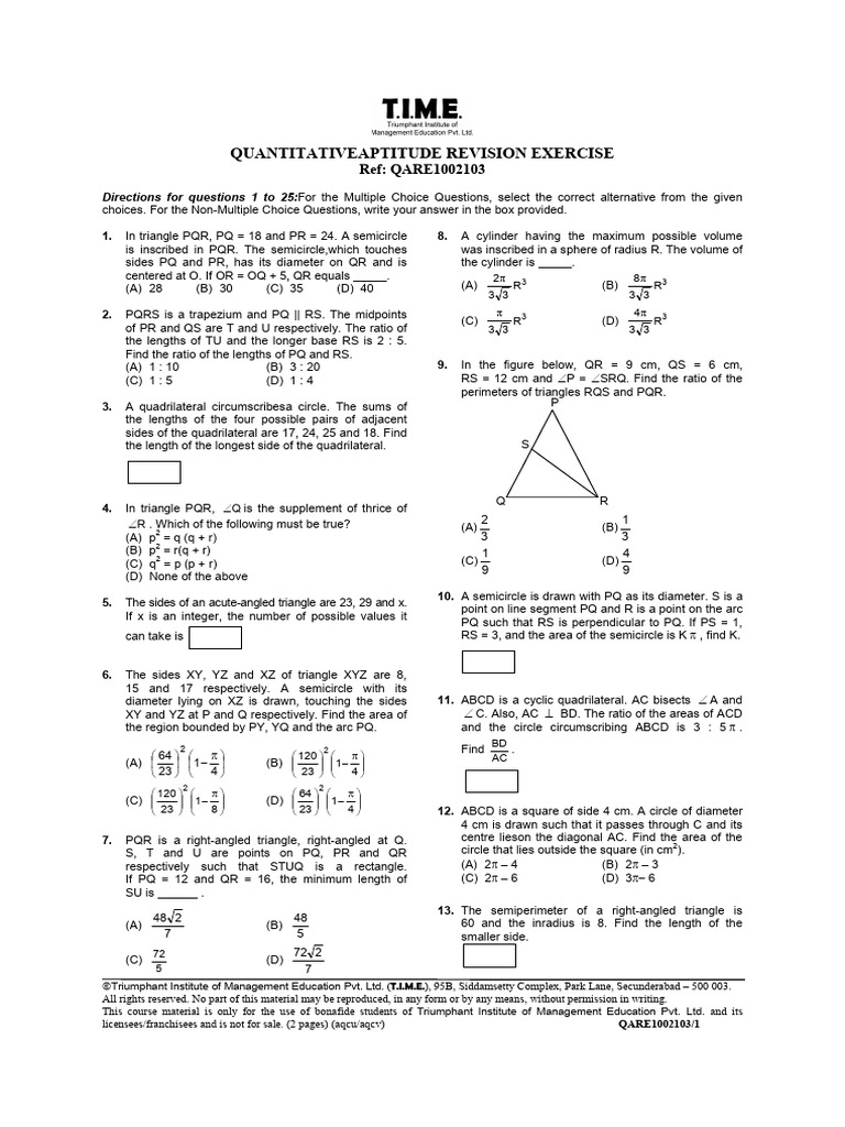 QUANTITATIVE ABILITY REVISION EXERCISE PART 3 | PDF | Triangle Geometry | Elementary Geometry