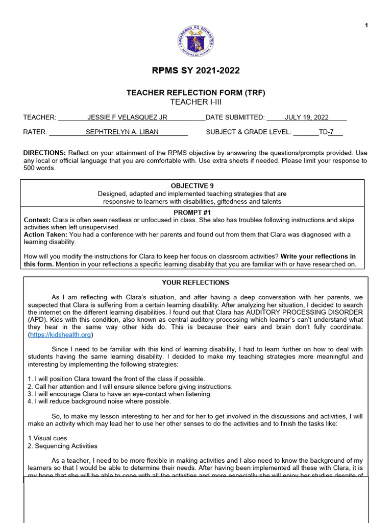 Teacher Reflection Form For T I III For RPMS SY 2021 2022 Jessie | PDF ...