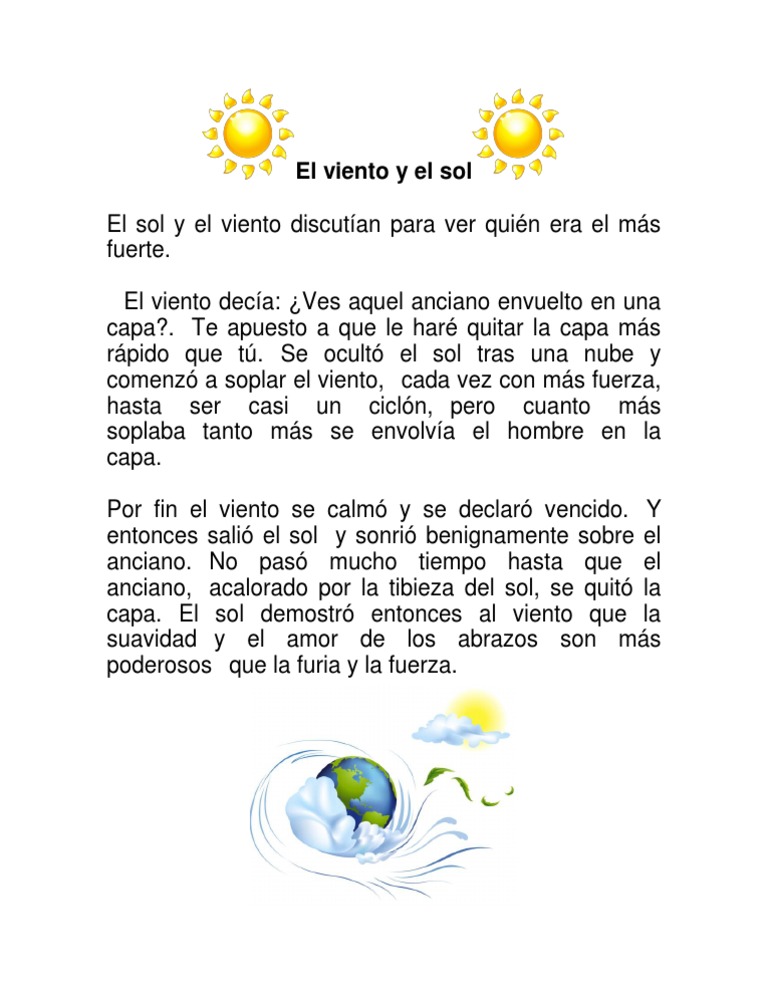 El viento y el sol cuento fábula poder fuerza suavidad amor | PDF