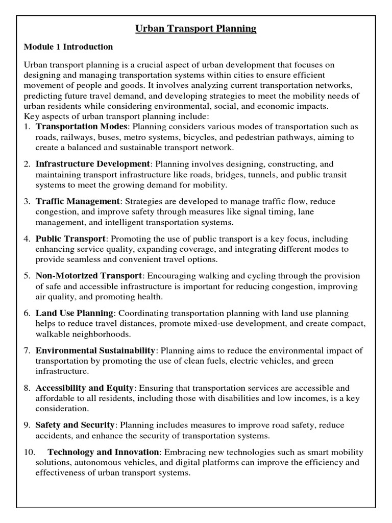 Urban Transport Planning Overview | PDF | Transport | Public Transport