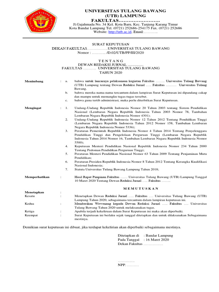 Template SK Jurnal UTB | PDF