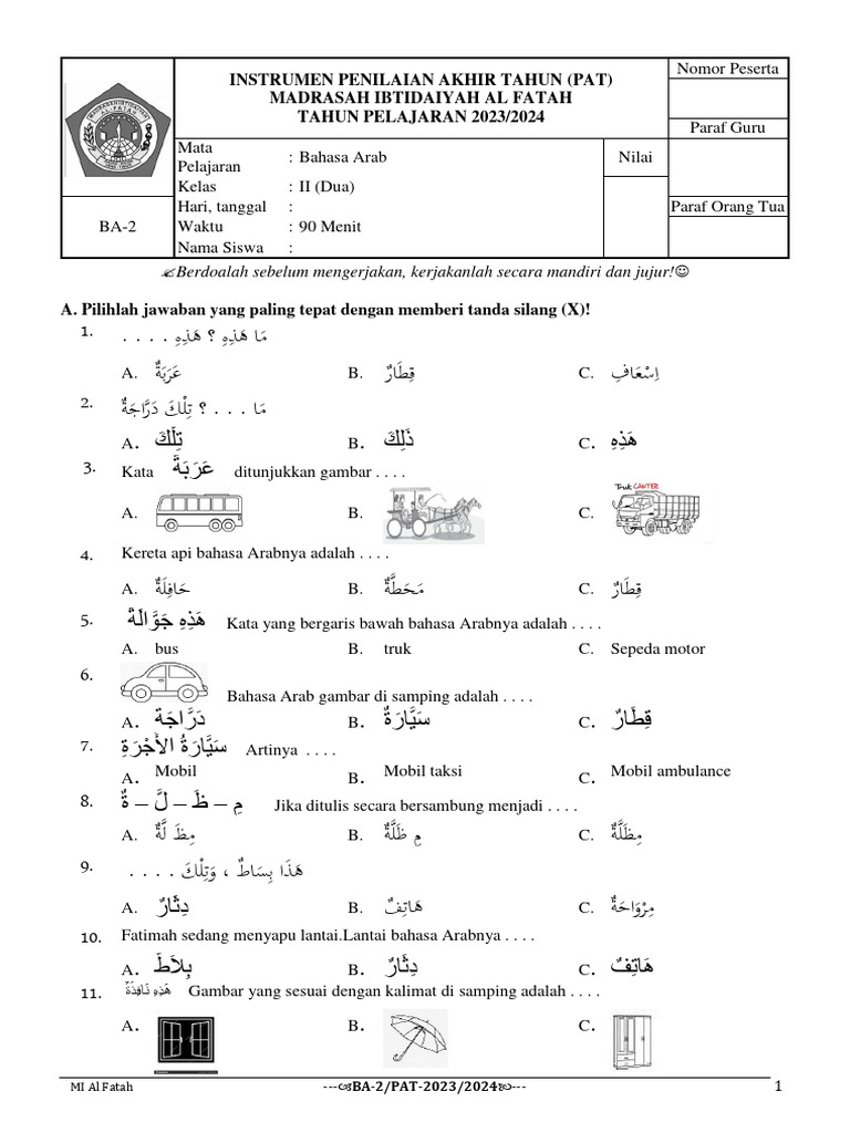 Soal PAT BA Klas 2 MI Al Fatah | PDF