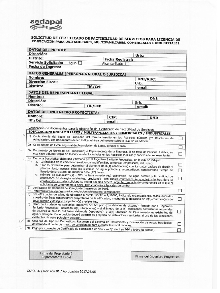 Solicitud de Certificado de Factibilidad - Sedapal | PDF Solicitud de Certificado de Factibilidad - Sedapal | PDF