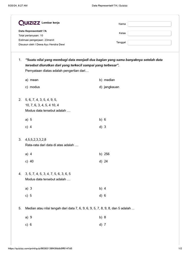 Data Representatif 7A - Quizizz | PDF