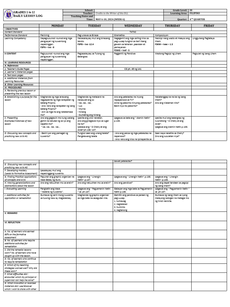 DLL - Filipino 3 - Q4 - W6 | PDF