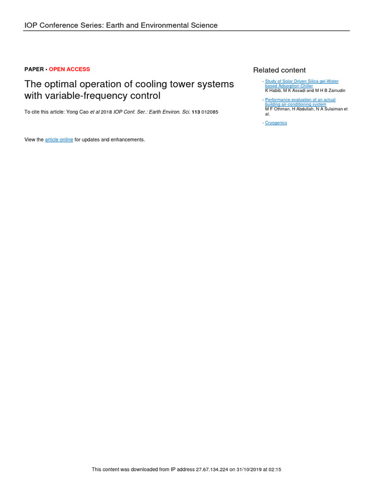 The Optimal Operation of Cooling Tower Systems | PDF | Energy ...