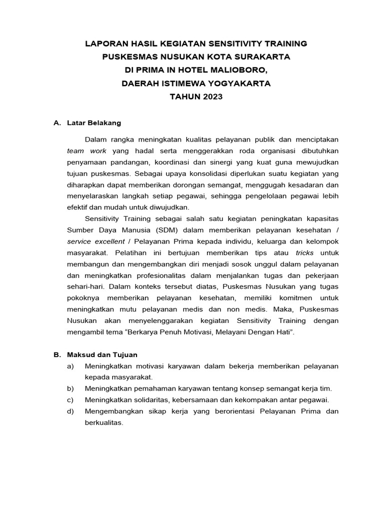 Sensitivity Training Puskesmas Nusukan 2023 | PDF