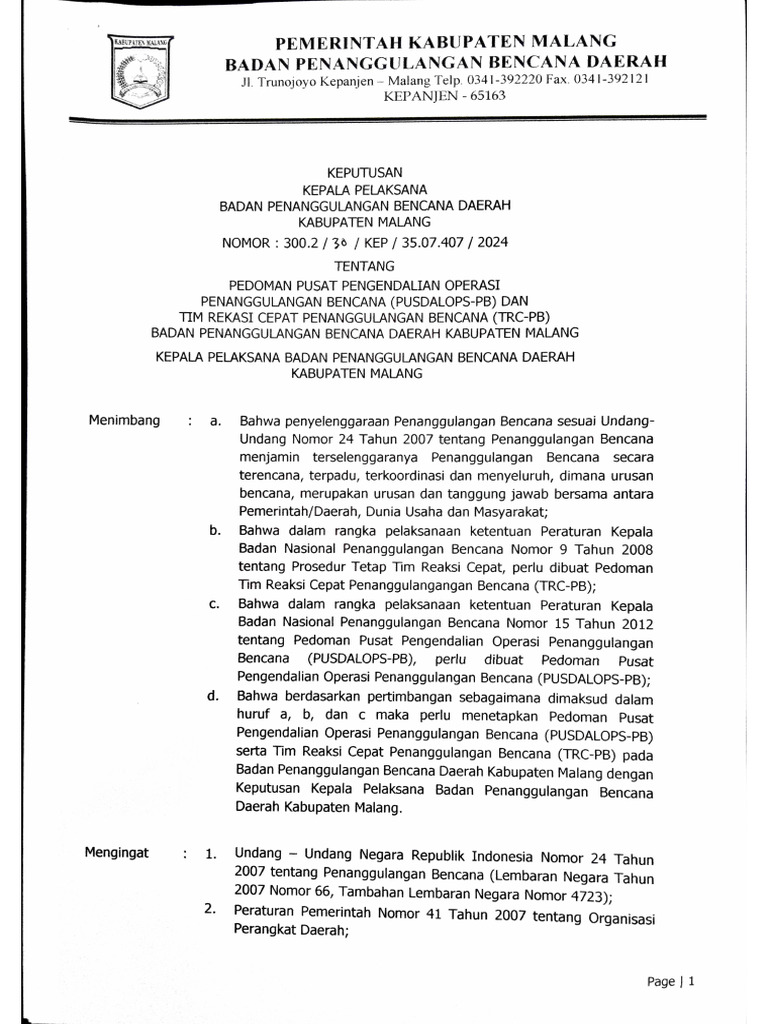 SK Pedoman Pusdalops-Pb Dan TRC-PB 2024 | PDF