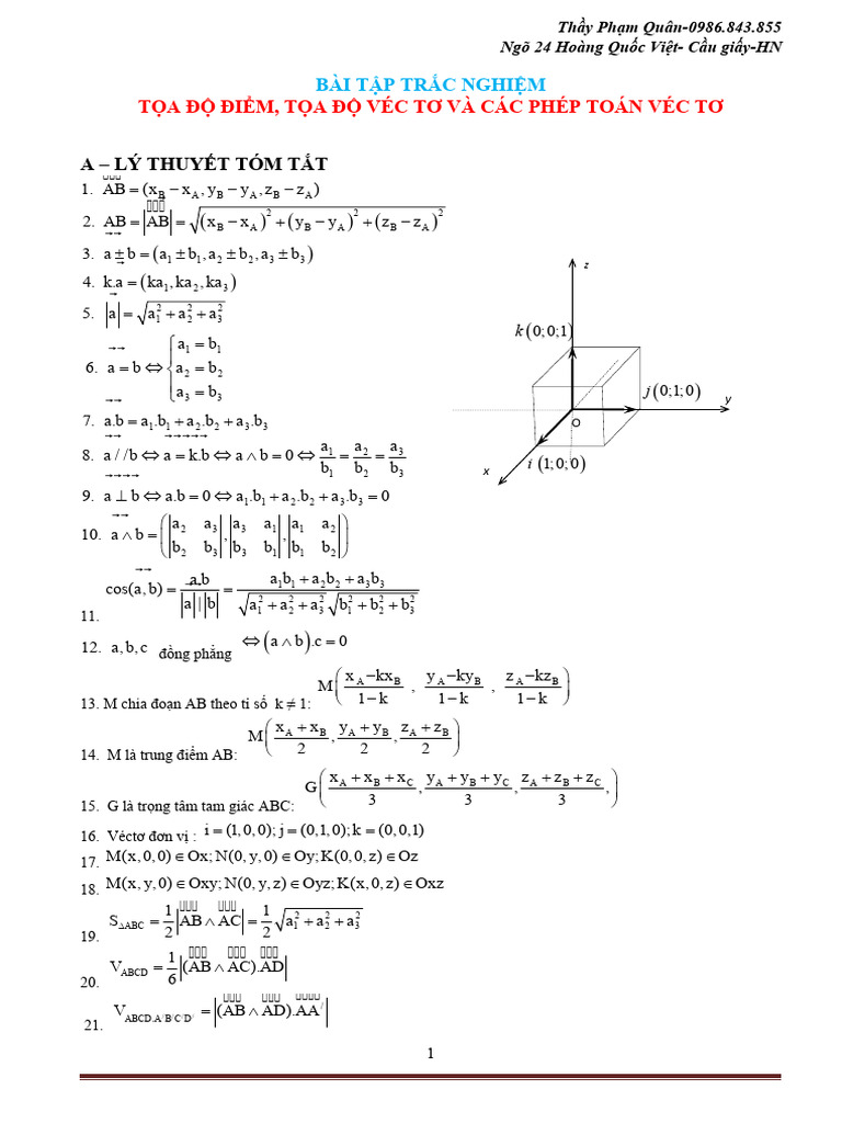 75 Cau Trac Nghiem TOA DO CUA DIEM VECTO TRONG KHONG GIAN | PDF