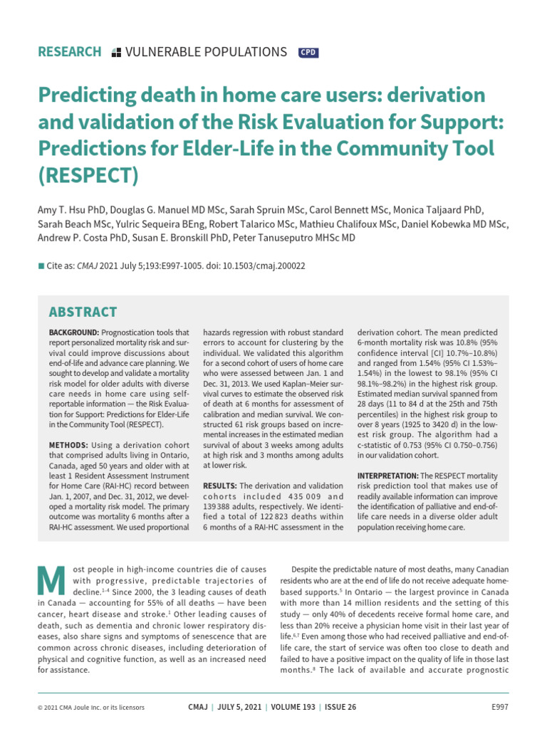 Predicting Death in Home Care User RESPECT | PDF | Palliative Care ...