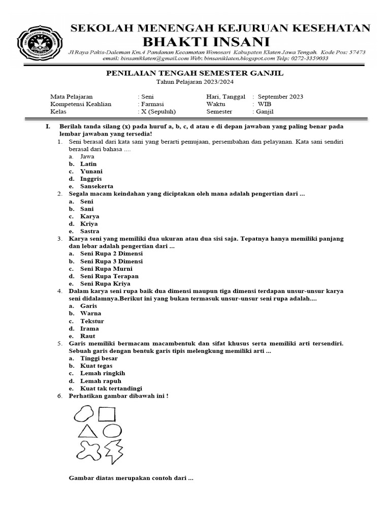 Soal Asas Ganjil Seni Budaya Kelas X Ta 2324 | PDF | Seni & Disiplin Bahasa | Kajian Bahasa Asing