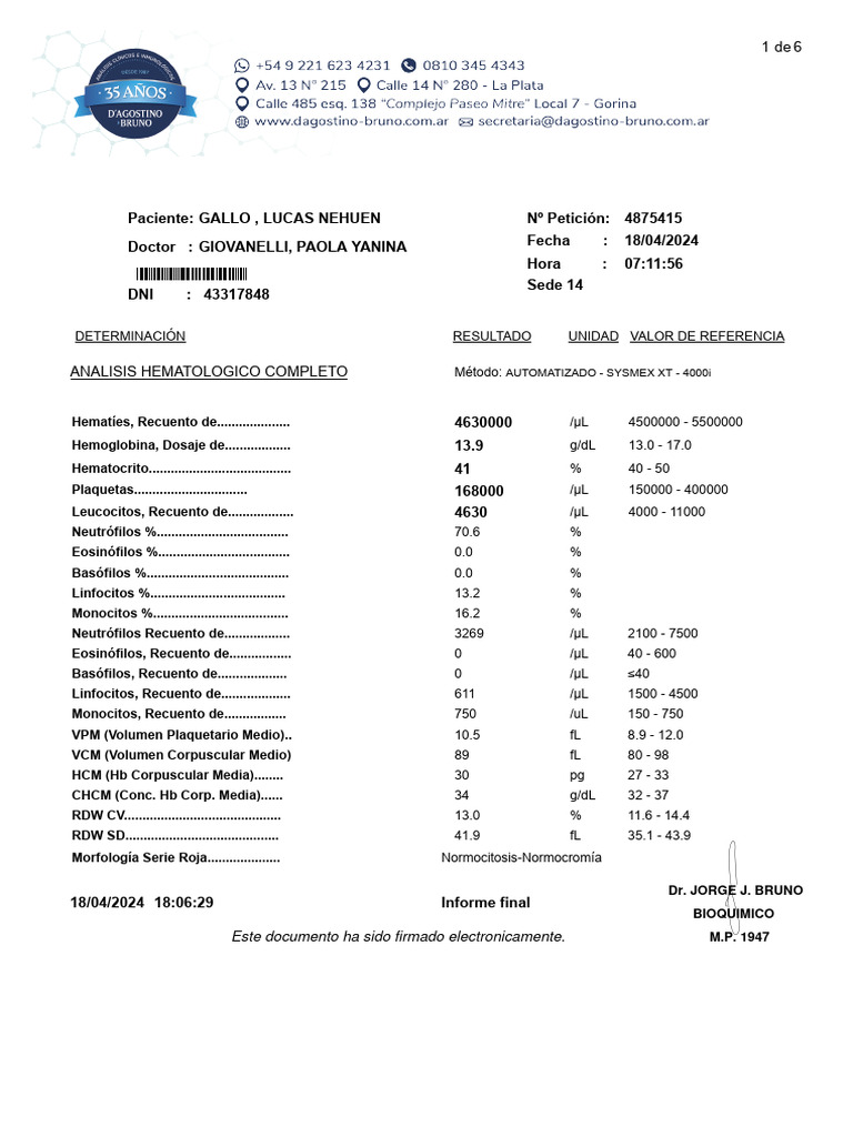 Paciente: Giovanelli, Paola Yanina Gallo, Lucas Nehuen #Petición: Fecha ...