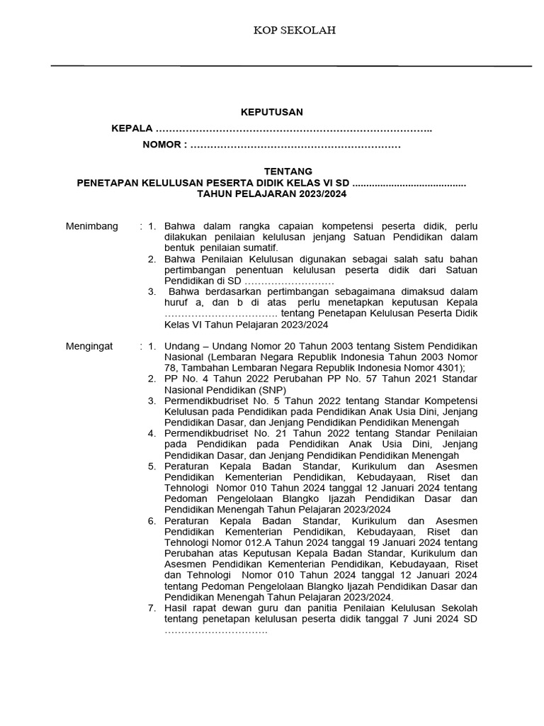 Format SK Penetapan Kelulusan 2024 | PDF