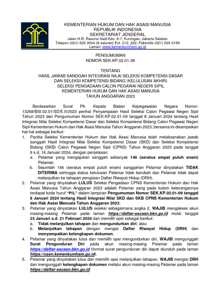 Pengumuman Hasil Jawab Sanggah Integrasi Nilai SKD Dan SKB (Kelulusan Akhir) CPNS Kemenkumham TA ...