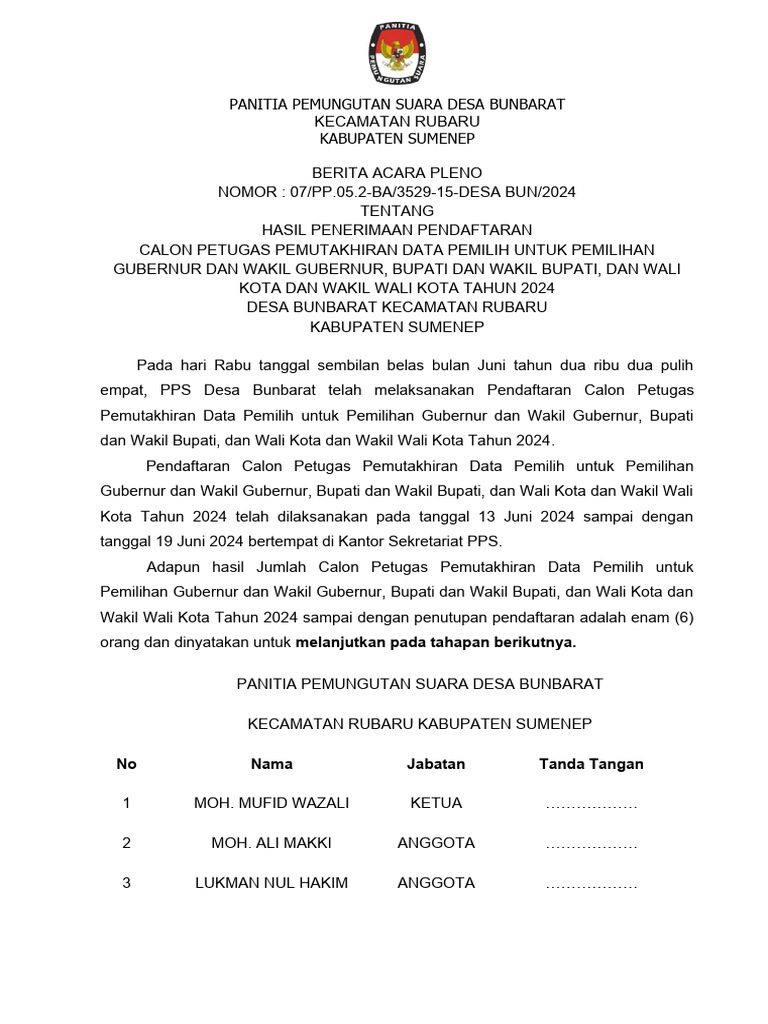 Berita Acara Hasil Penerimaan Pendaftaran Pantarlih | PDF