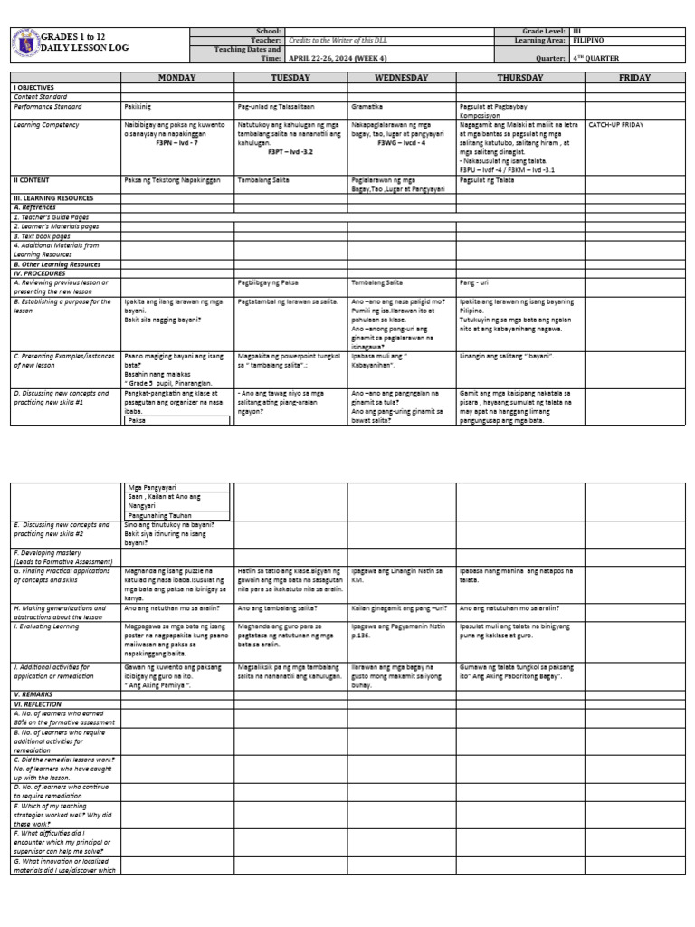 DLL - Filipino 3 - Q4 - W4 | PDF