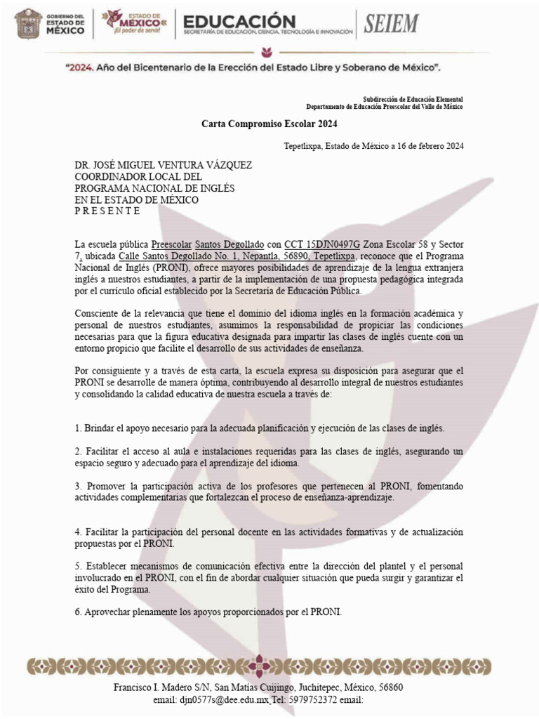 Ejemplo Carta Compromiso PRONI PVM | PDF | Educación de la primera infancia | Maestros