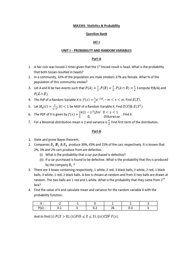 IAT-I Question For MA3391 - P & S | PDF | Estimator | Probability Density Function