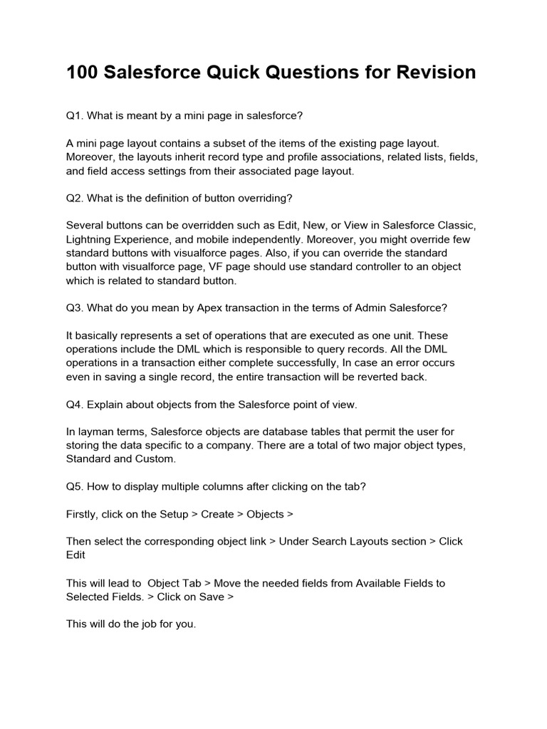 100 Salesforce Quick Questions for Revision | PDF | Class (Computer Programming) | Databases