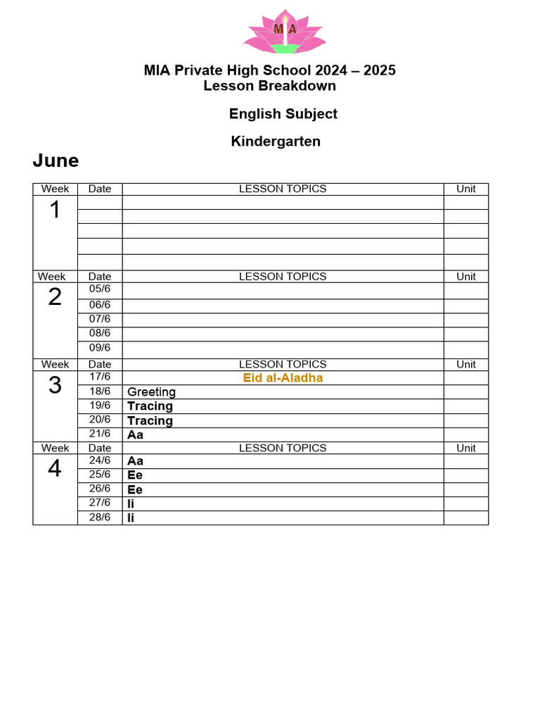 KG Lesson Breakdown 2024-25 | PDF | Languages | Foreign Language Studies