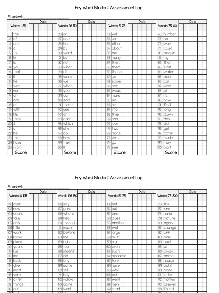 Fry Word Student Assessment Log Student | PDF
