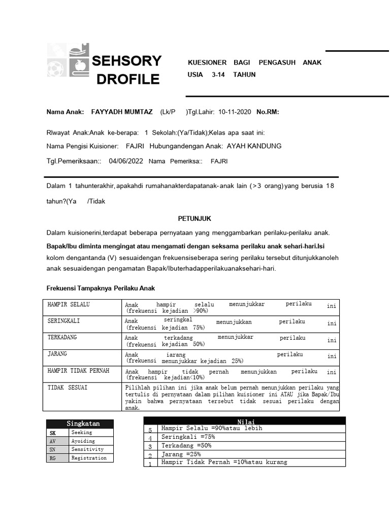 SENSORY PROFILE 2 Usia 3-14 Tahun BW Print | PDF