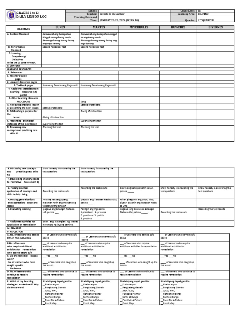 DLL - Filipino 3 - Q2 - W10 | PDF | Learning | Pedagogy