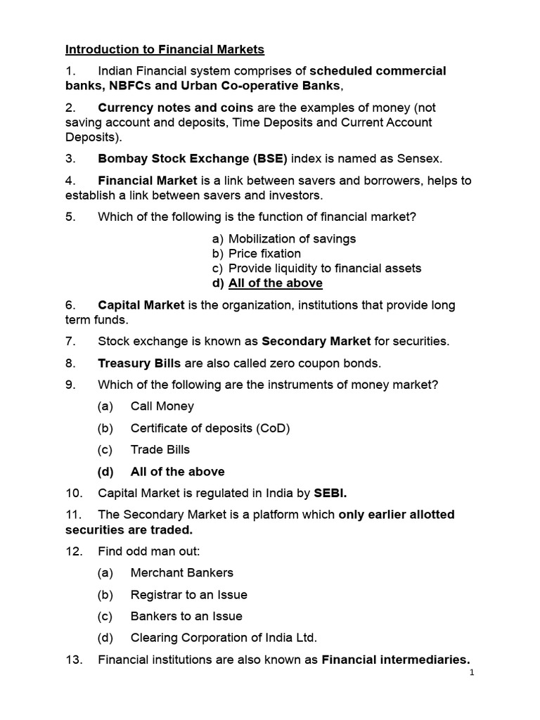 301-MCQ Answers No Options | PDF | Financial Markets | Banks