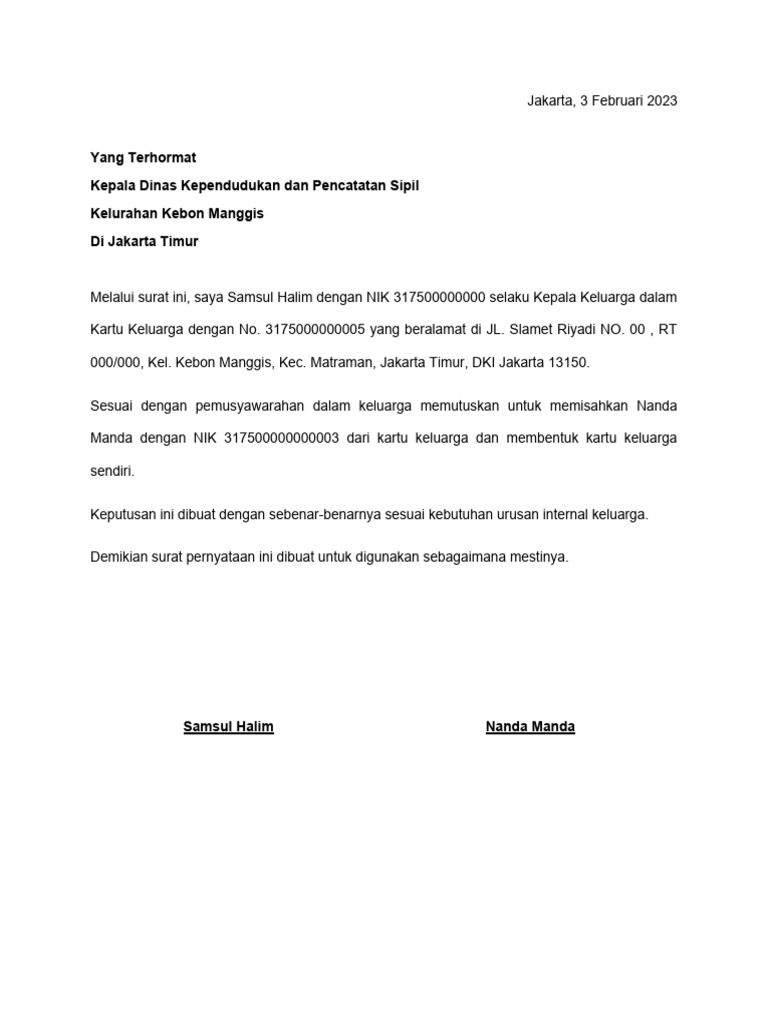 Contoh Surat Pernyataan Pisah KK | PDF