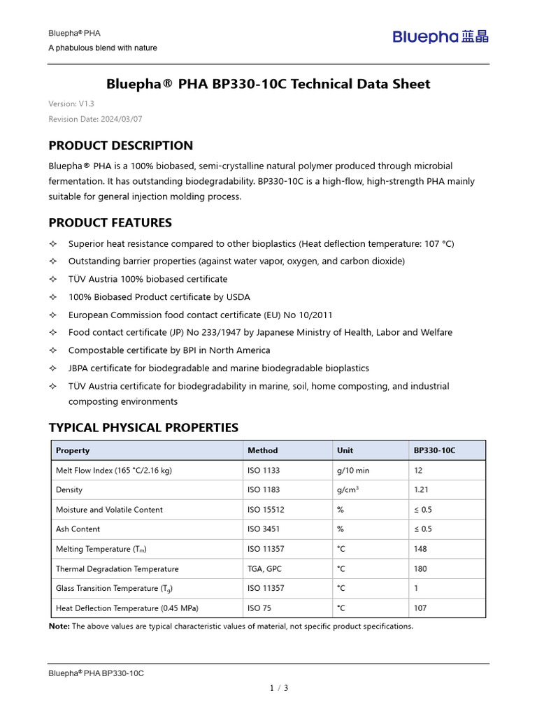 Bluepha® PHA BP330-10C Technical Data Sheet V1.3 | PDF | Biodegradation | Applied And ...