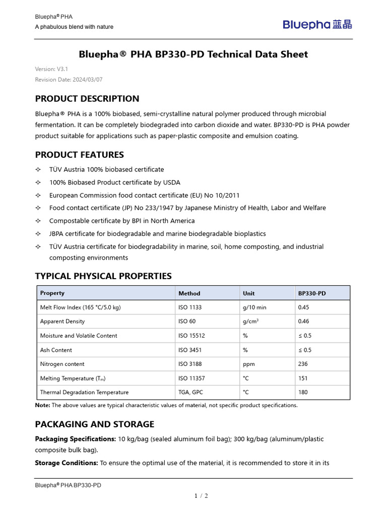 Bluepha® PHA BP330-PD Technical Data Sheet V3.1 | PDF | Biodegradation ...