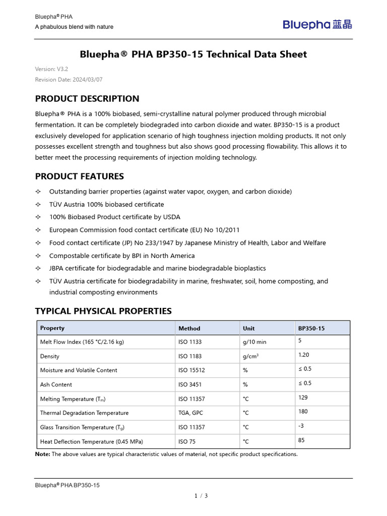Bluepha® PHA BP350-15 Technical Data Sheet V3.2 | PDF | Biodegradation | Materials
