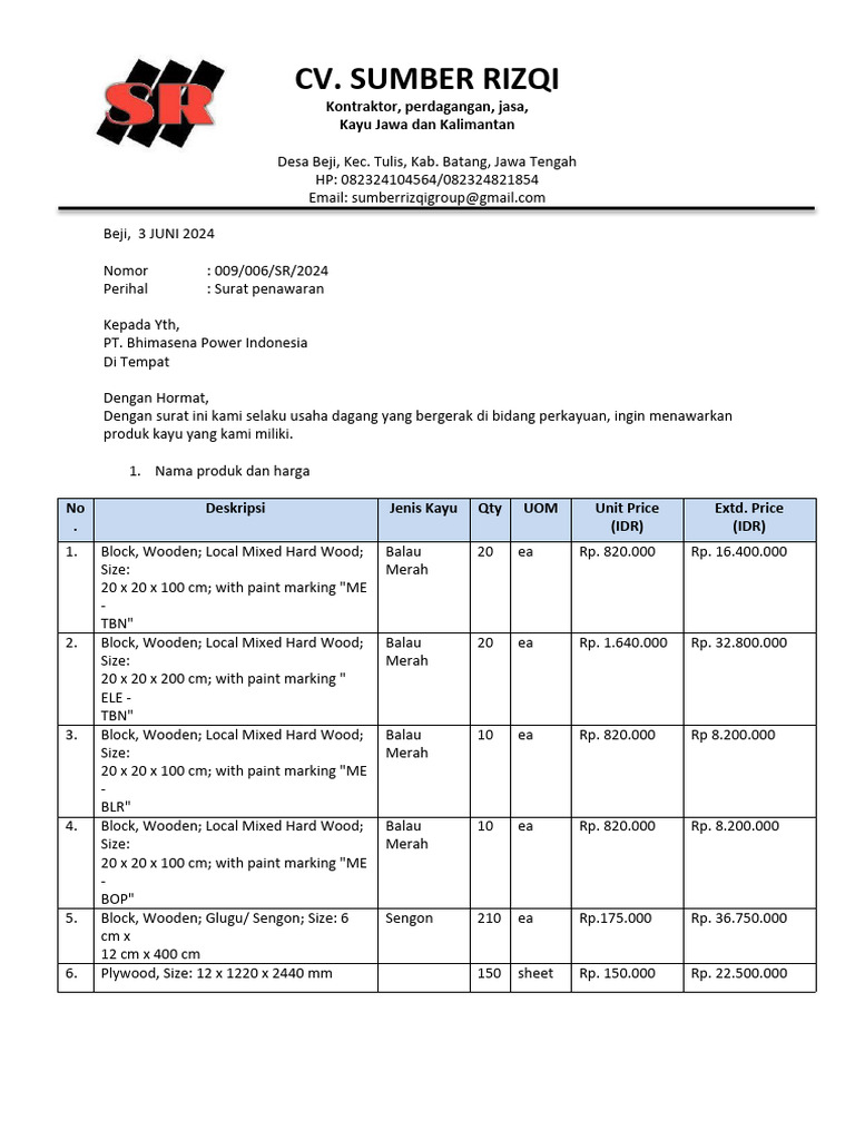 CV Sumber Rizqi Penawaran | PDF