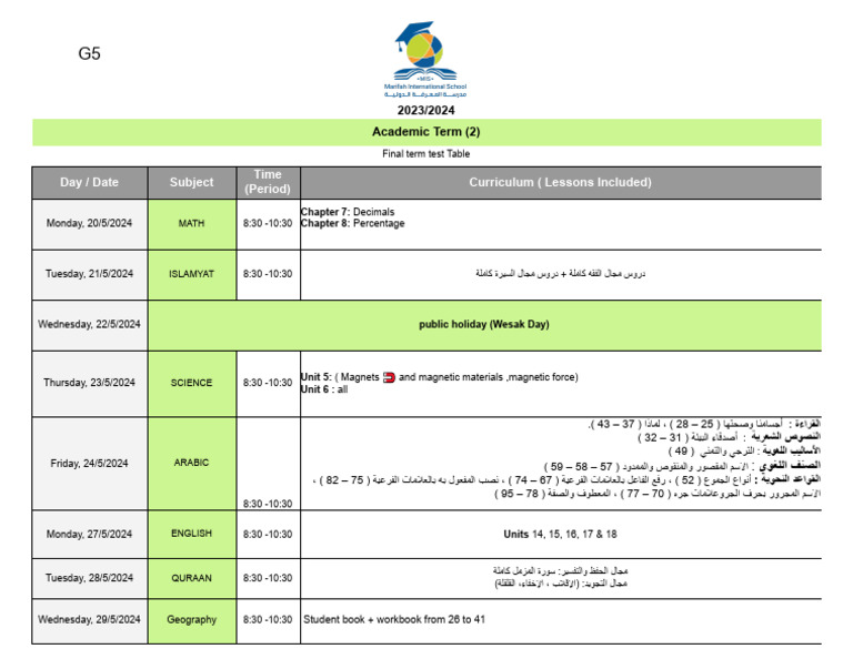 Grade 5 Final Exam Test Table Term2 | PDF