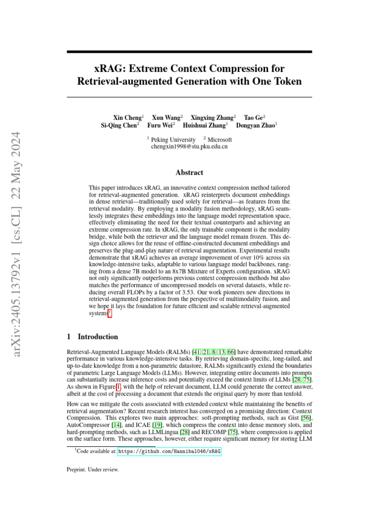 xRAG: Extreme Context Compression For Retrieval-Augmented Generation With One Token | PDF | Data ...