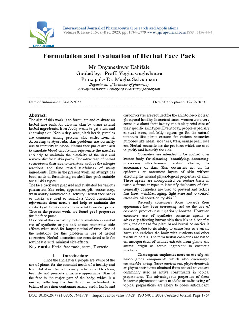 Herbal Face Pack Formulation Study | PDF | Pimple | Solubility