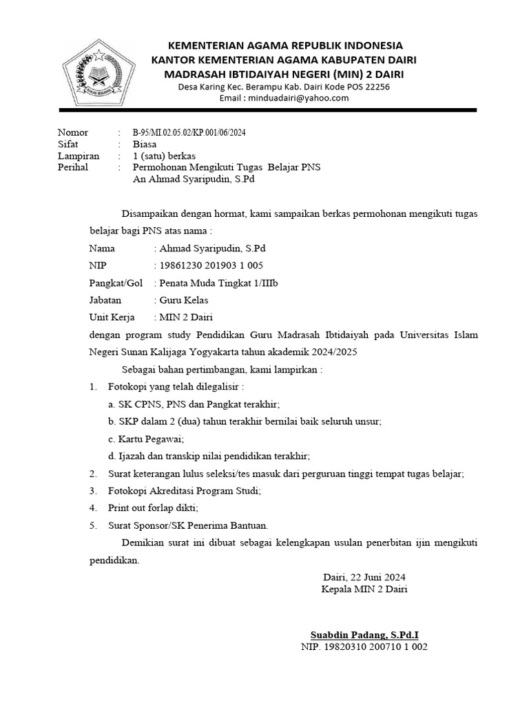 Permohonan Tugas Belajar PNS dan Rekomendasi Instruktur AKMI 2024 | PDF