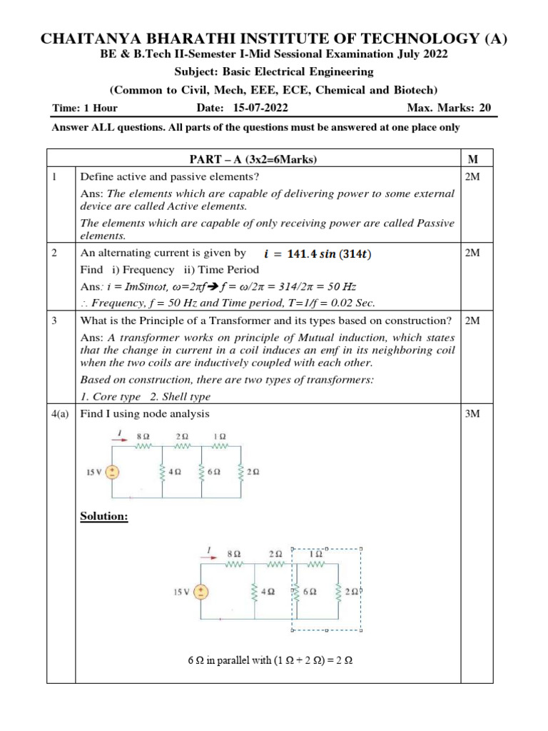 Bee Mid-1 Key Sheet July 2022 | PDF | Electrical Network | Transformer