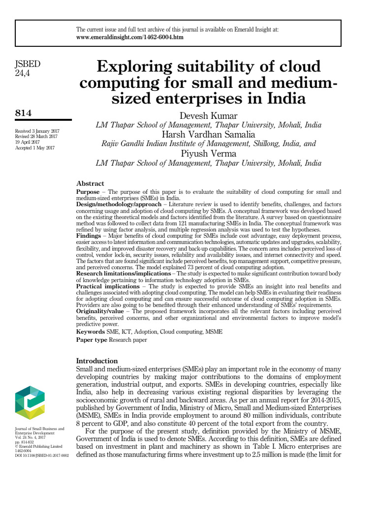 Exploring Suitability of Cloud Computing For Small and Medium-Sized Enterprises in India | PDF ...